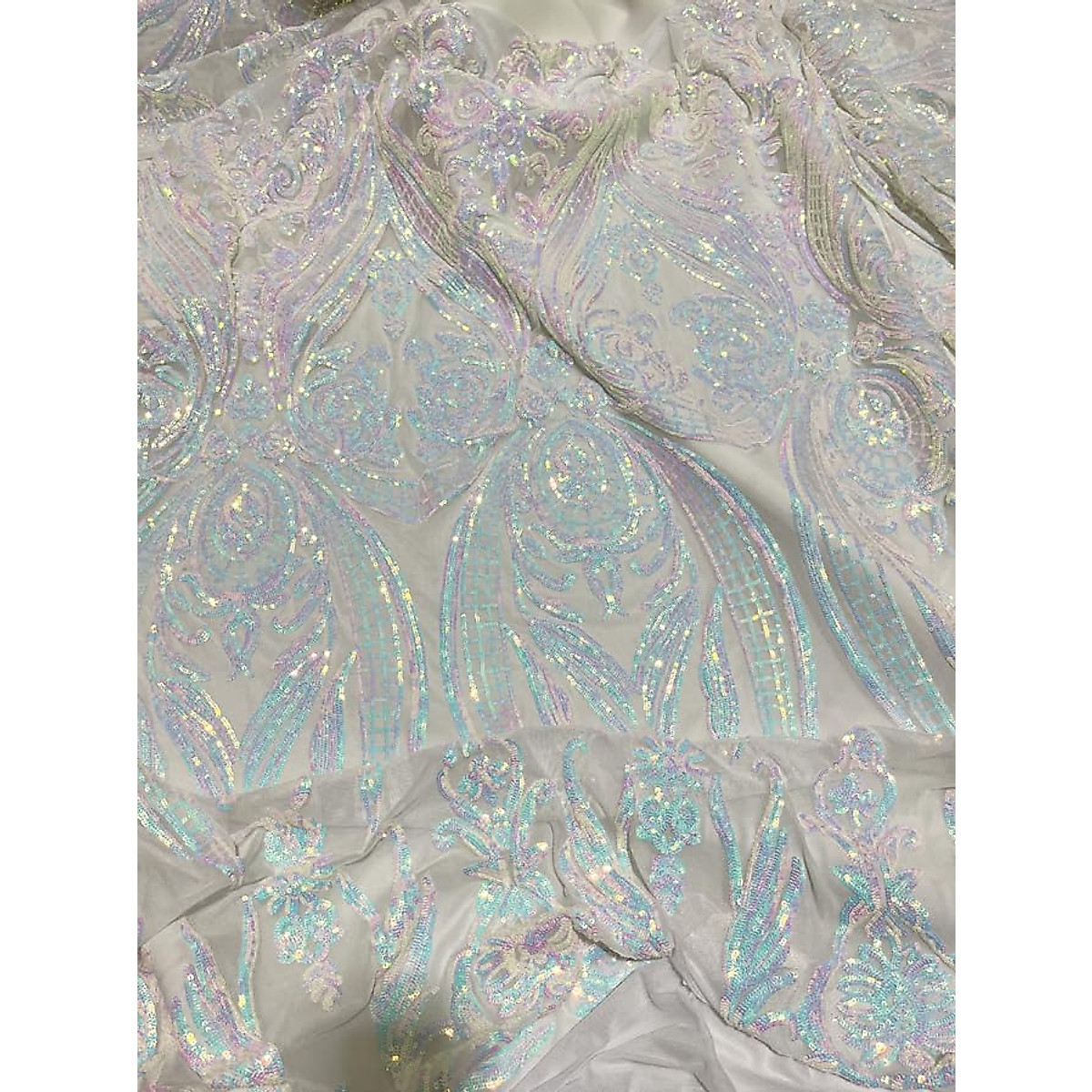 White Iridescent Geometric Stretch Sequin Fabric by The Yard | 4 Way Stretch Fabric Spandex Lace Fabric | White Stretch Mesh Embroidery with 3mm Sequin | White Iridesecent Sequin Fabric-Per Yard