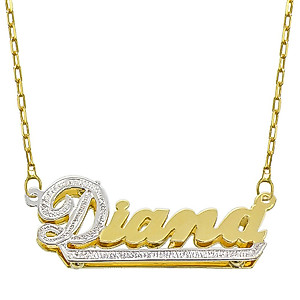 Pyramid Jewelry 14K Two Tone Gold Personalized Double Plate 3D Name Necklace - Style 7 (18 Inches, Oval Rolo Chain)