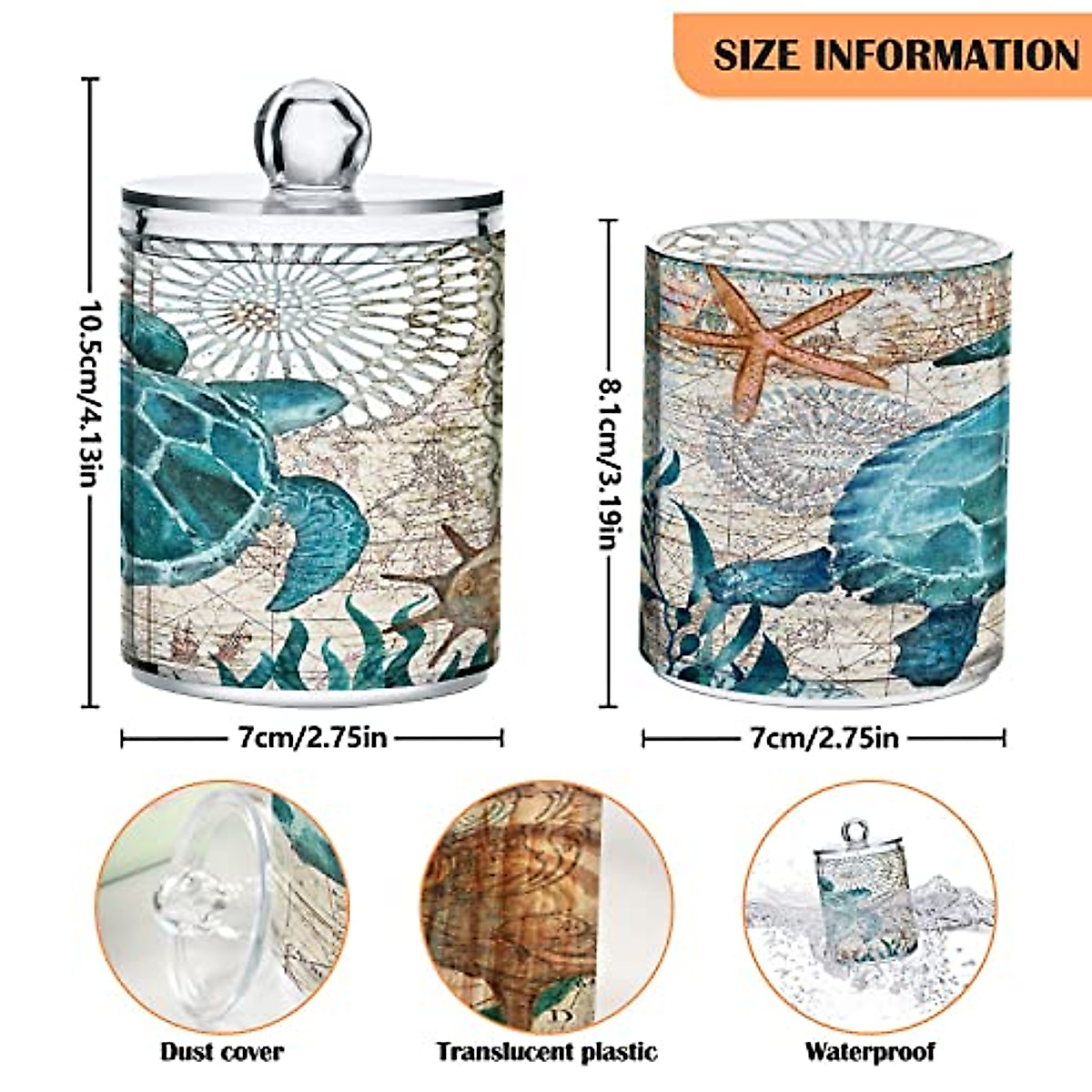 CHIFIGNO Vintage Blue Sea Turtles Starfish Map Qtip Dispenser 2 Pack Clear Apothecary Plastic Jars Bathroom Storage Containers for Cotton Pads, Cotton Ball, Cotton Swabs, Floss Picks 10 Oz