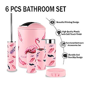 JOTOM 6 Pieces Bathroom Accessories Set,Plastic Bathroom Accessories Toothbrush Holder,Cup,Soap Dish,Hand Sanitizer Bottle,Trash Can,Toilet Brush (Flamingo)