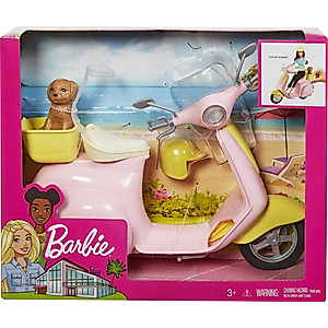 Barbie Toy Scooter with Puppy & Helmet Accessory, Pink & Yellow Moped with Basket, Kickstand & Seat Clip for Doll