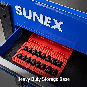 Sunex 3646, 3/8 Inch Drive Low Profile Impact Hex Driver Set, 16-Piece, SAE/Metric, 1/4 Inch - 3/4 Inch, 6mm - 19mm, Cr-Mo Steel, Dual Size Markings, Heavy Duty Storage Case, Meets ANSI Standards