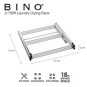 BINO 3-Tier Collapsible Drying Racks | White | Air Drying & Hanging | Foldable Portable Indoor & Outdoor | Space Saving Clothes Dryer Stand | Home Dorm Apartment Essentials