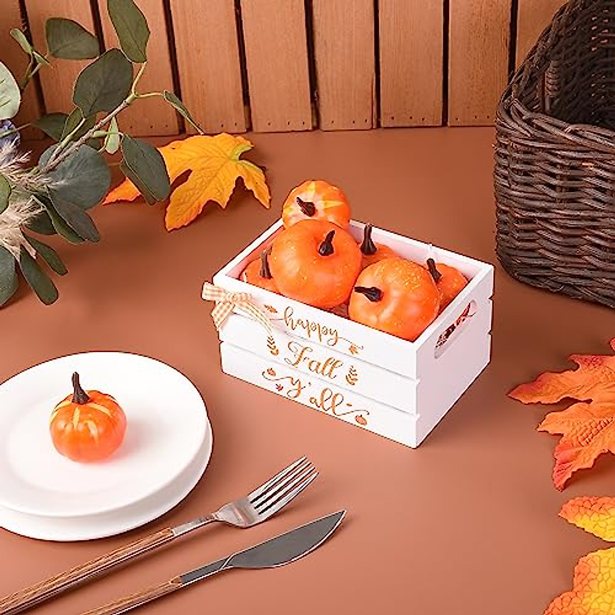 10 Pcs Thanksgiving Pumpkin Mini Wood Crate Set Happy Fall Y'all Table Centerpiece Artificial Pumpkins Fall Table Decor Harvest Tiered Tray Decorations for Thanksgiving Gift Kitchen Home Decor