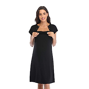 Soanhoo 3 in 1 Nursing Dress Maternity Nightgown Labor/Delivery Breastfeeding Birthing Gown with Button,Black,XL