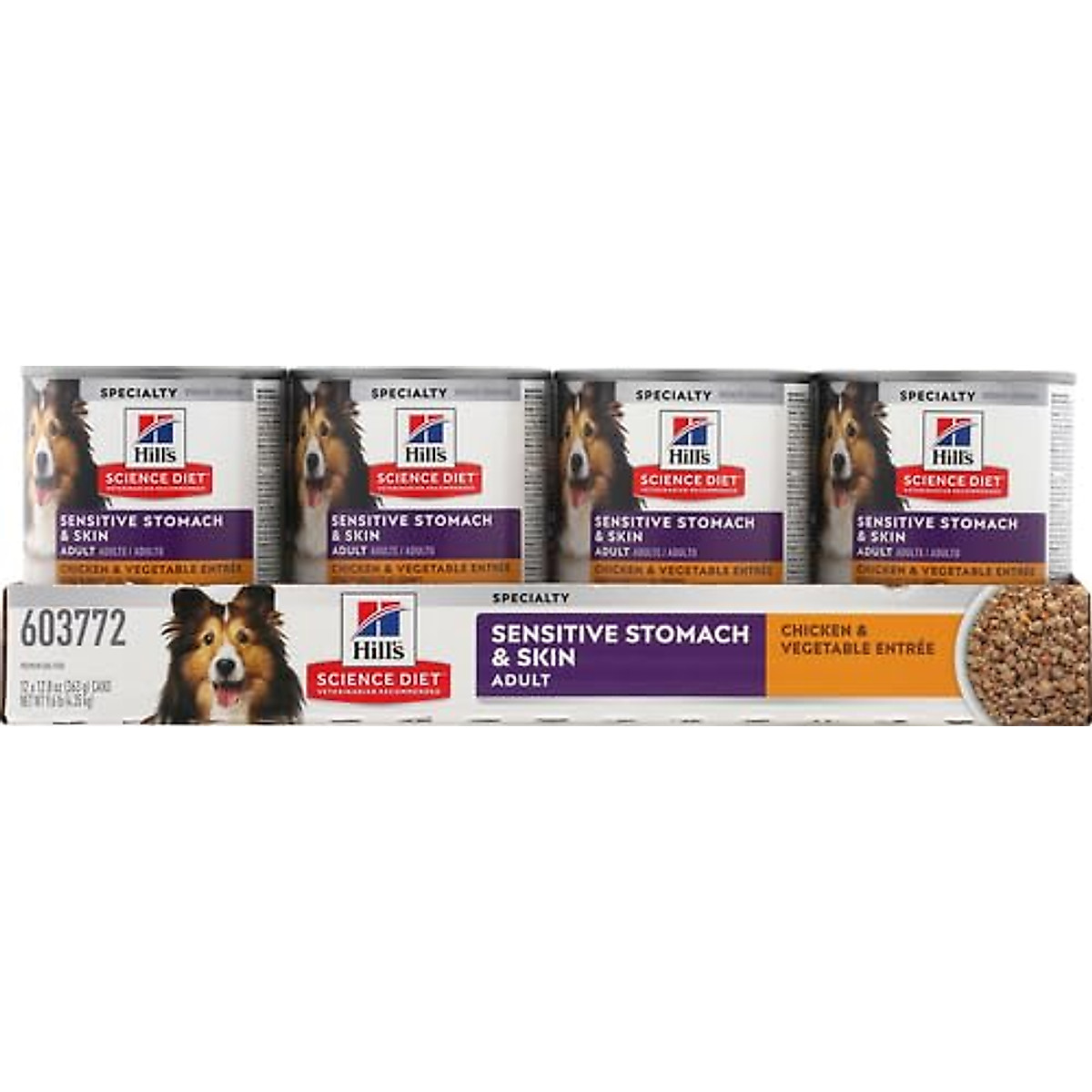 Hill's Science Diet Sensitive Stomach & Skin, Adult 1-6, Stomach & Skin Sensitivity Support, Wet Dog Food, Chicken & Vegetables Loaf, 12.8 oz Can, Case of 12