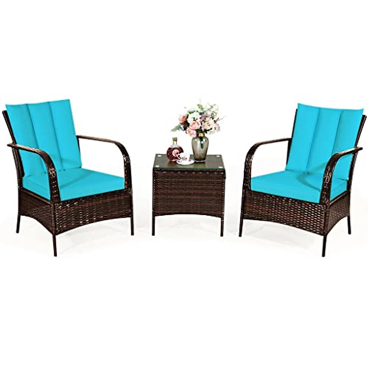WYKDD 3 PCS Patio Rattan Furniture Set Coffee Table & 2 Rattan Chair with Cushions Comfortable and Breathable (Color : E)