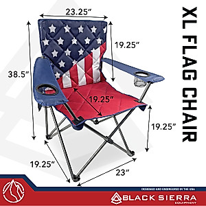 Black Sierra XL Patriotic USA American Flag Camping Chair, Oversize Foldable Outdoor Chair w/Padding & 2 Cupholders, Heavy Duty Lawn Chair Supports 300 lbs for Camping, Beach, RV, Patio, Sports