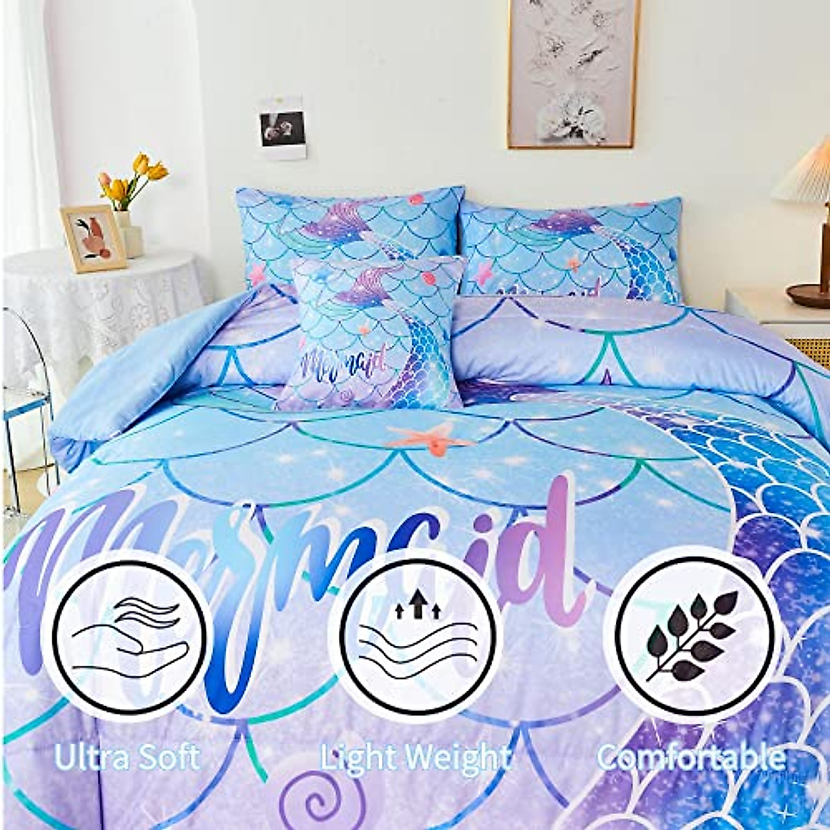 RYNGHIPY 6Pcs Mermaid Tail Comforter Set for Kids Girls, Mermaid Fish Scale Bed in a Bag Twin Size, Sparkle Teal Purple Rainbow Bedroom Decor Bedding Set