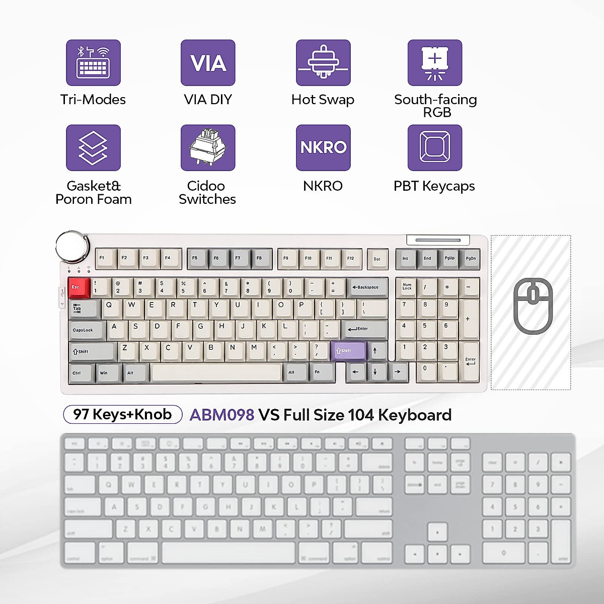 EPOMAKER CIDOO ABM098 1800 Compact VIA Gasket Mount Hot Swap Bluetooth 5.0/2.4Ghz/Type-C Mechanical Keyboard, with Poron Foam, South-Facing LEDs and Metal Knob for Mac/Win(ABM098 Matte Linear Switch)