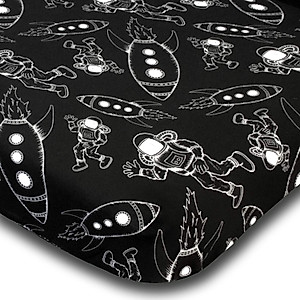 Jaxson's World Outer Space Fitted Crib Sheet, Extra Soft 100% Jersey Knit Cotton, Breathable, Baby and Toddler Sheet - Rocketship and Astronaut