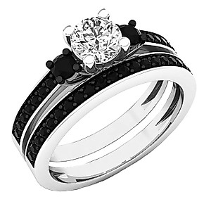 Dazzlingrock Collection 5 mm Round White Sapphire & Black Diamond 3 Stone Ring Set in 925 Sterling Silver Size 7