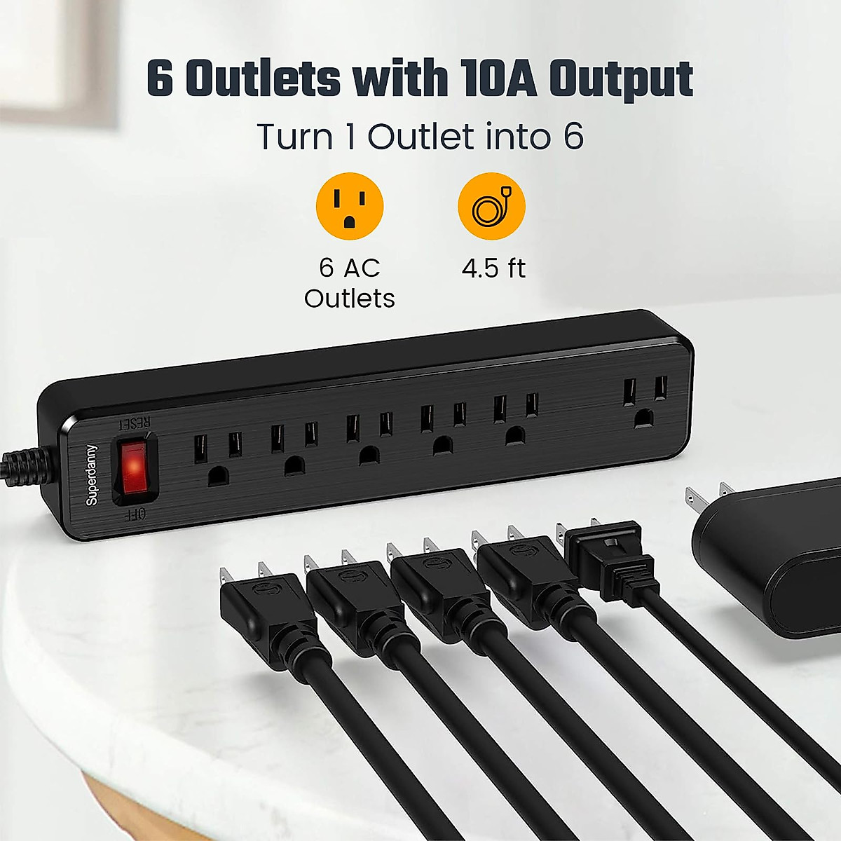 SUPERDANNY 6-Outlet Surge Protector Power Strip, 4.5 Ft Extension Cord, 900 Joules, Overload Switch, Standard Plug, Grounded, Integrated Circuit Breaker, Wall Mount, for Home, Office, Black