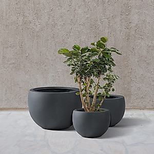 Kante 19.9",15.7",11.8" Dia Round Concrete Planter Set of 3, Outdoor/Indoor Large Bowl Plant Pots with Drainage Hole and Rubber Plug for Garden Patio Balcony Home, Charcoal