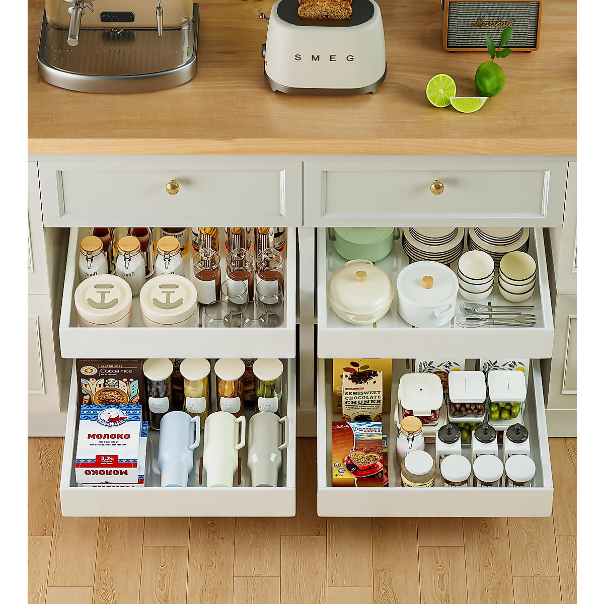 2 Pack Pull out Cabinet Organizer 21"D x 12"W, Peel And Stick Slide out Drawers for Kitchen Cabinets, Sliding Drawers Cabinet Roll out Shelves for Dishes Storage(White)