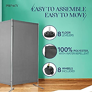 PRIVÄCY Partition Room Dividers Screen | Folding Privacy Screens with 8 Wheels for Office, Classroom & Studio - Hardware Included | Indoor & Outdoor Wall Divider with Brakes (Grey)