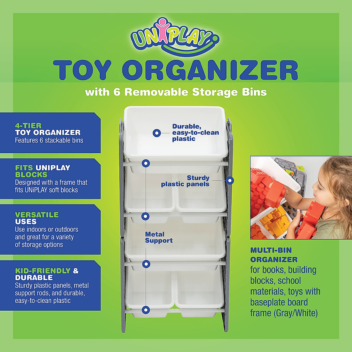 UNiPLAY Toy Organizer with 6 Removable Storage Bins, Multi-Bin Organizer for Books, Building Blocks, School Materials, Toys with Baseplate Board Frame (Gray)