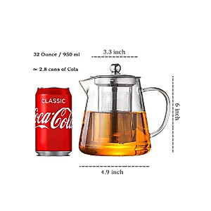 Glass Teapot with Infuser Tea Pot 32oz/43oz Tea Kettle Stovetop Safe Blooming and Loose Leaf Tea Maker Set (32oz/ 950ml)