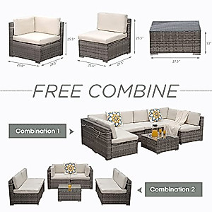 SUNVIVI OUTDOOR 7 Piece Patio Sectional Grey Wicker Furniture for Backyard, Garden with String Beige Cushions, Clips, Coffee Table