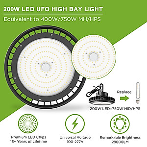 UFO LED High Bay Light 200W LED Warehouse Lights IP65 for Wet Location LED Commercial Area Lighting Fixture for Gym Factory Warehouse ETL Certified 5' Cable 5000K 1-10V Dimmable 28000LM Black 2Pack