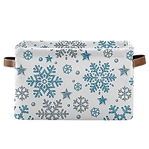 Christmas Snowflake Storage Basket,Blue White Snowflakes Large Storage Bin Fabric Collapsible Organizer Bag with Handles 15x11x9.5 inch