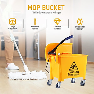 Samger Heavy Duty Mop Bucket with Wringer on Wheels, 5 Gallon Plastic Tandem Mopping Bucket, 21 Quart Portable Mop Bucket for Household Commercial Use Yellow