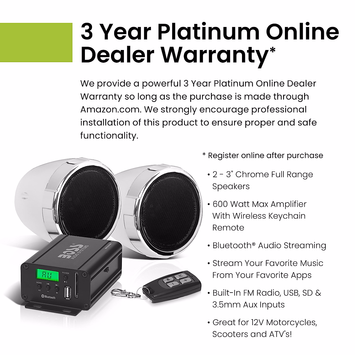 BOSS Audio Systems MC520B 3 Inch Motorcycle Speakers and Amplifier Stereo Sound System - Bluetooth, Weatherproof Full Range Speakers, 2 Channel Amplifier, Wireless Remote, Use With ATV UTV