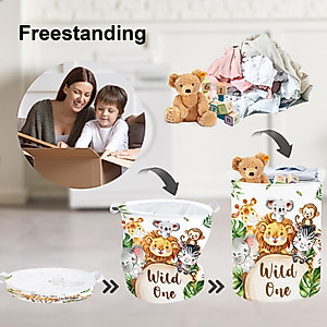 Clastyle 45L Large White Jungle Animals Elephant Kid Laundry Hamper with Handle Collapsible Lion Koala Giraffe Clothes Toy Storage Basket with Lid for Nursery
