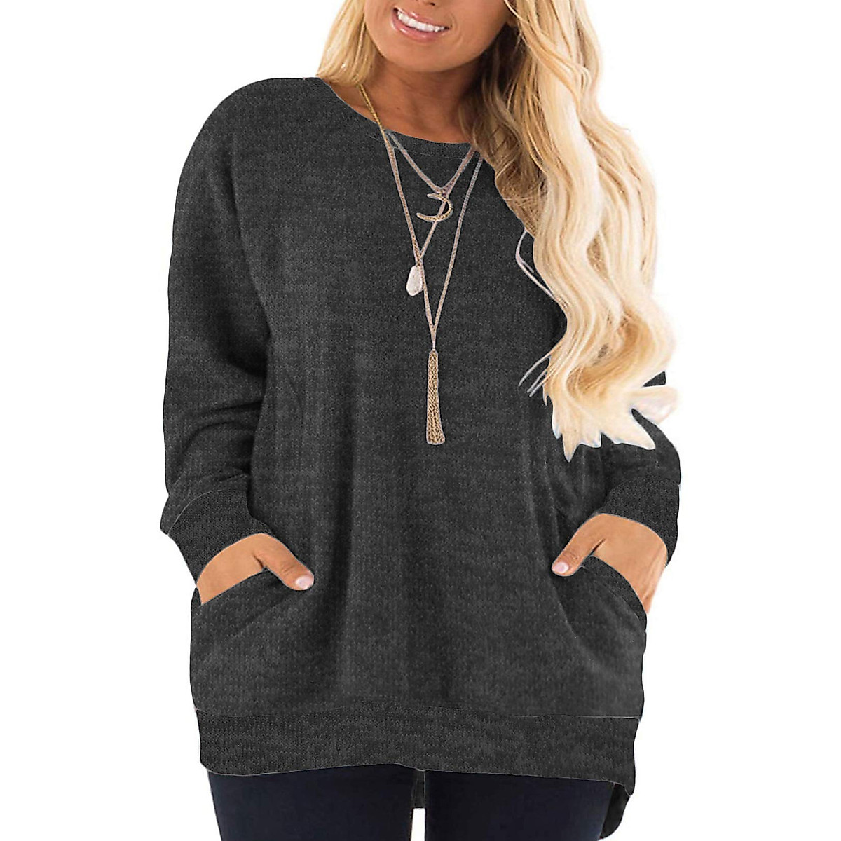 DOLNINE Women's Plus Size Sweatshirts Long Sleeve Tops Pocket T-Shirts Charcoal Grey-28W