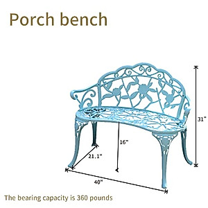 KAI LI 4-Piece Balcony Tables and Chairs, 1 Table, 2 Round Chairs and 1 Bench, Metal cast Aluminum, Bistro Suit, Garden Bench, Rose Pattern Light Blue