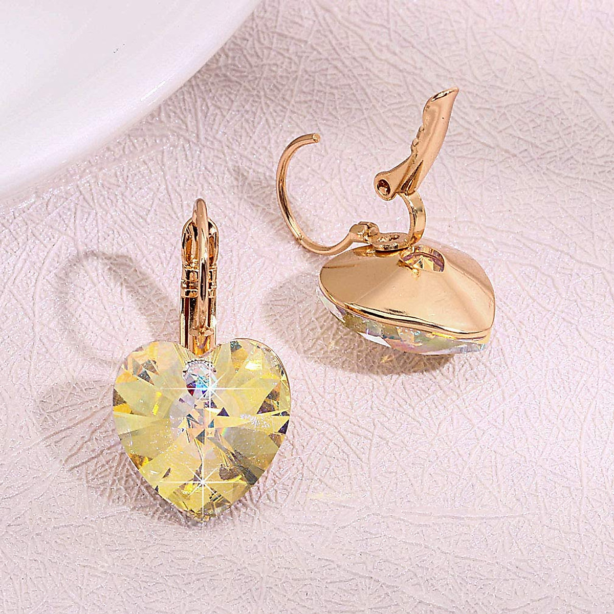 Austrian Crystal Heart Drop Leverback Earrings for Women 14K Rose Gold Plated Hypoallergenic Jewelry (Aurora Borealis)