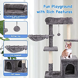 Jieshun Cat Tree for Indoor Cats - Cat Tower with Sisal Cat Scratch Post, Hammock, 2-Door Cave - Multi-Level Cat Condo with Perches & Pompom Toys - Cat Furniture for Kittens & Adult Felines - 33.5”