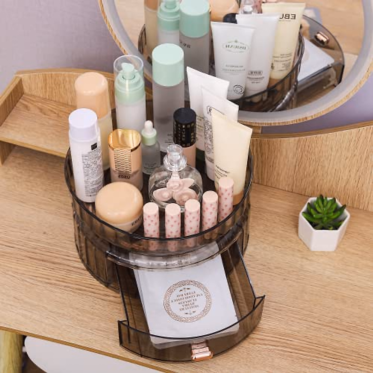 Cq acrylic 360 Rotating Makeup Organizer for Vanity,Bathroom Countertop Organizer Spinning Organizer with Drawer,Large Capacity Cosmetics Storage Box Skin Care Organizers for Bedroom Vanity Desk,Grey