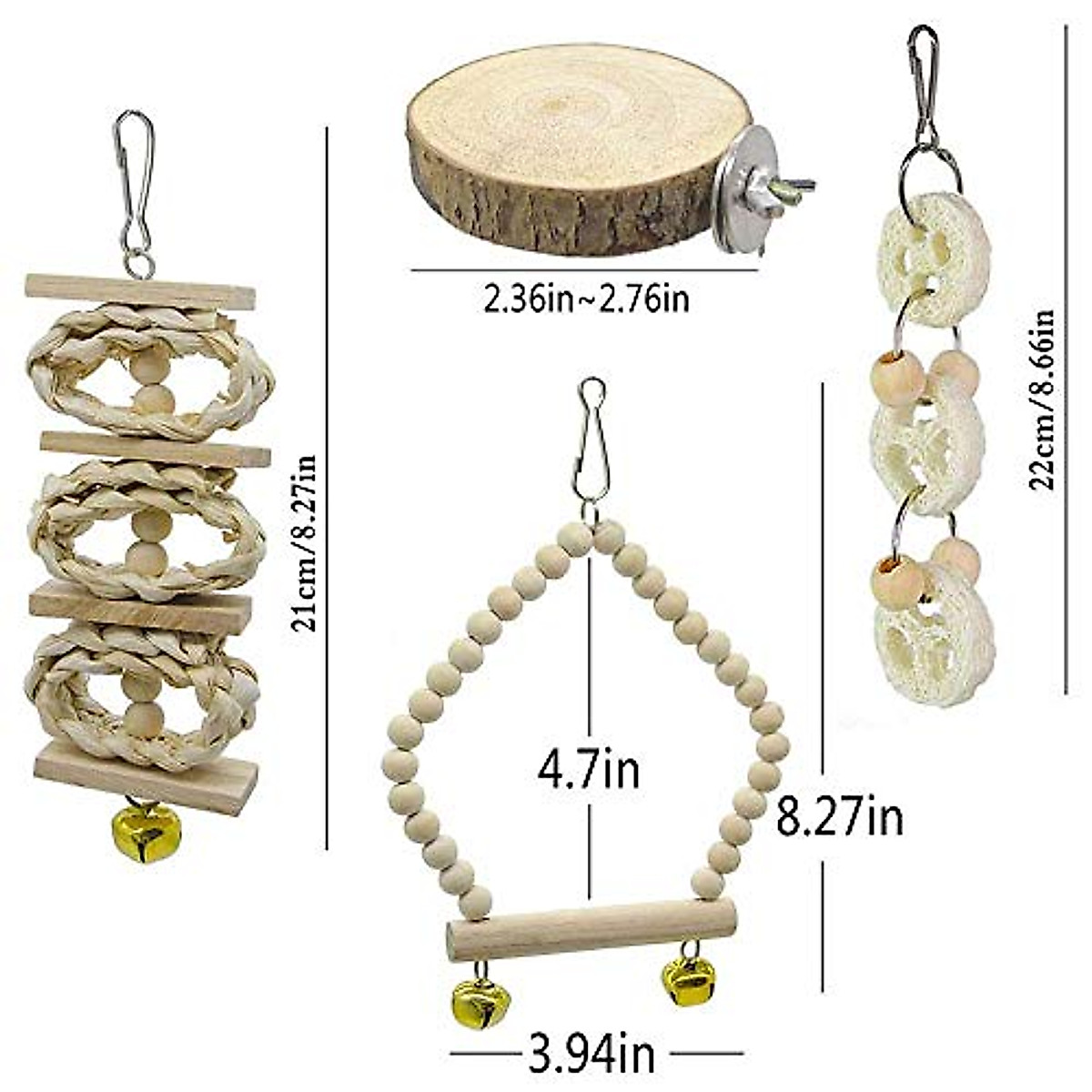 SHINYLYL 8 Packs Bird Toy,Bird Parrot Swing Chewing Toys Birdcage Stands,Wood Hanging Bell Bird Cage Toys for Parrots, Parakeets, Cockatiels, Conures, Macaws, Love Birds, Finches