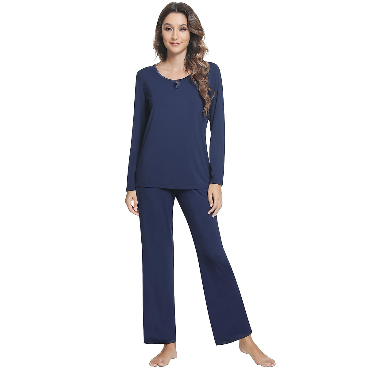 NACHILA Pajamas Set for Women Long Sleeve Pjs Soft Sleepwear Comfy Loungewear Sets with Pants, Viscose Made from Bamboo Navy M