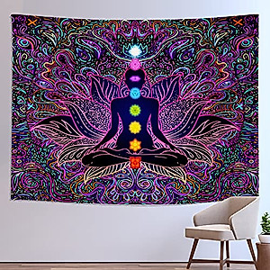 VEEMONIK Blacklight Chakras Tapestry, Spiritual Tapestry Yoga Meditation Hippie Tapestries Wall Hanging, Buddha UV Reactive Tapestry for Bedroom Aesthetic - 51x59 inches