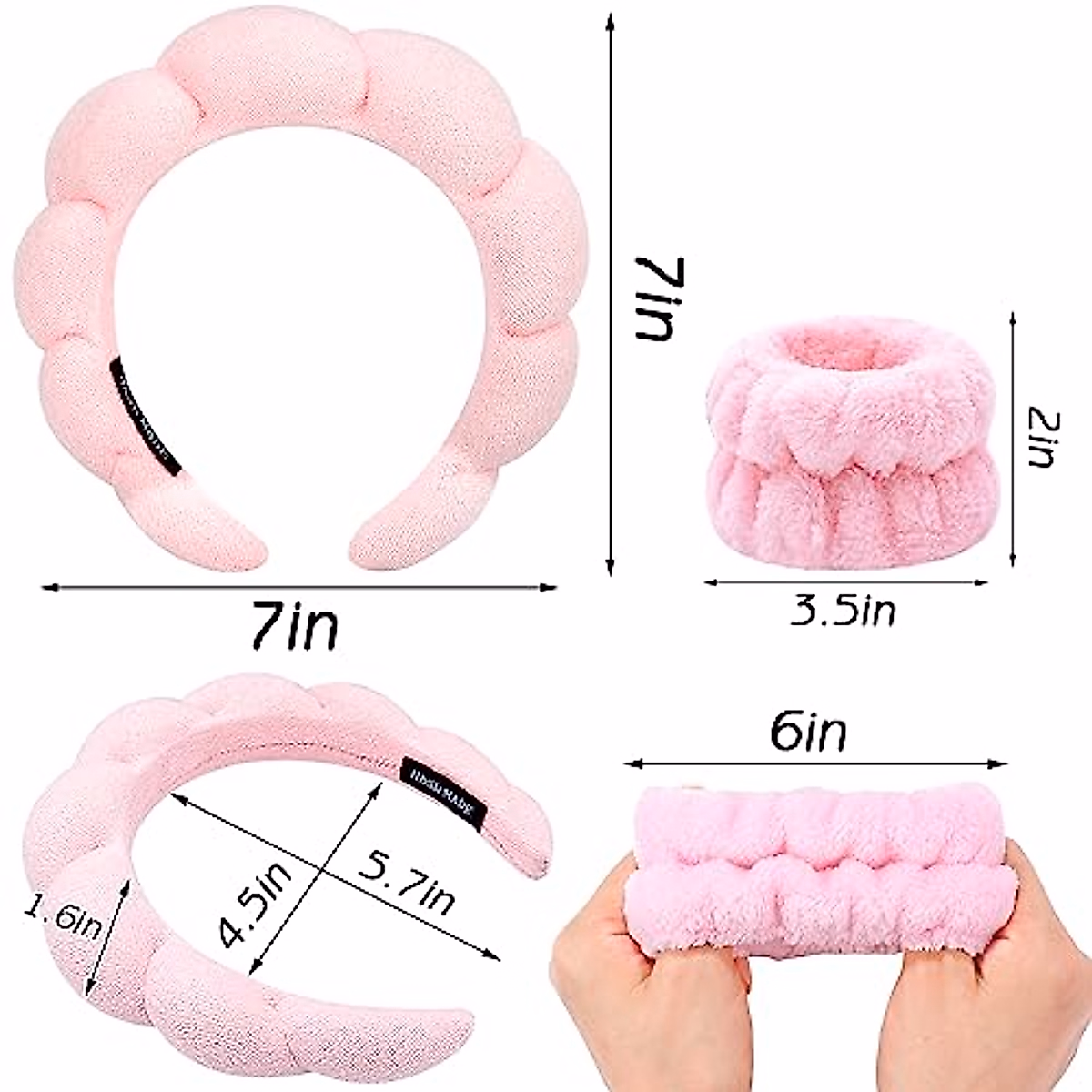 Zkptops Spa Headband for Washing Face Wristband Set Sponge Makeup Skincare Headband Wrist Towels Bubble Soft Get Ready Hairband for Women Girls Puffy Headwear Non Slip Thick Thin Hair Accessory(Pink)
