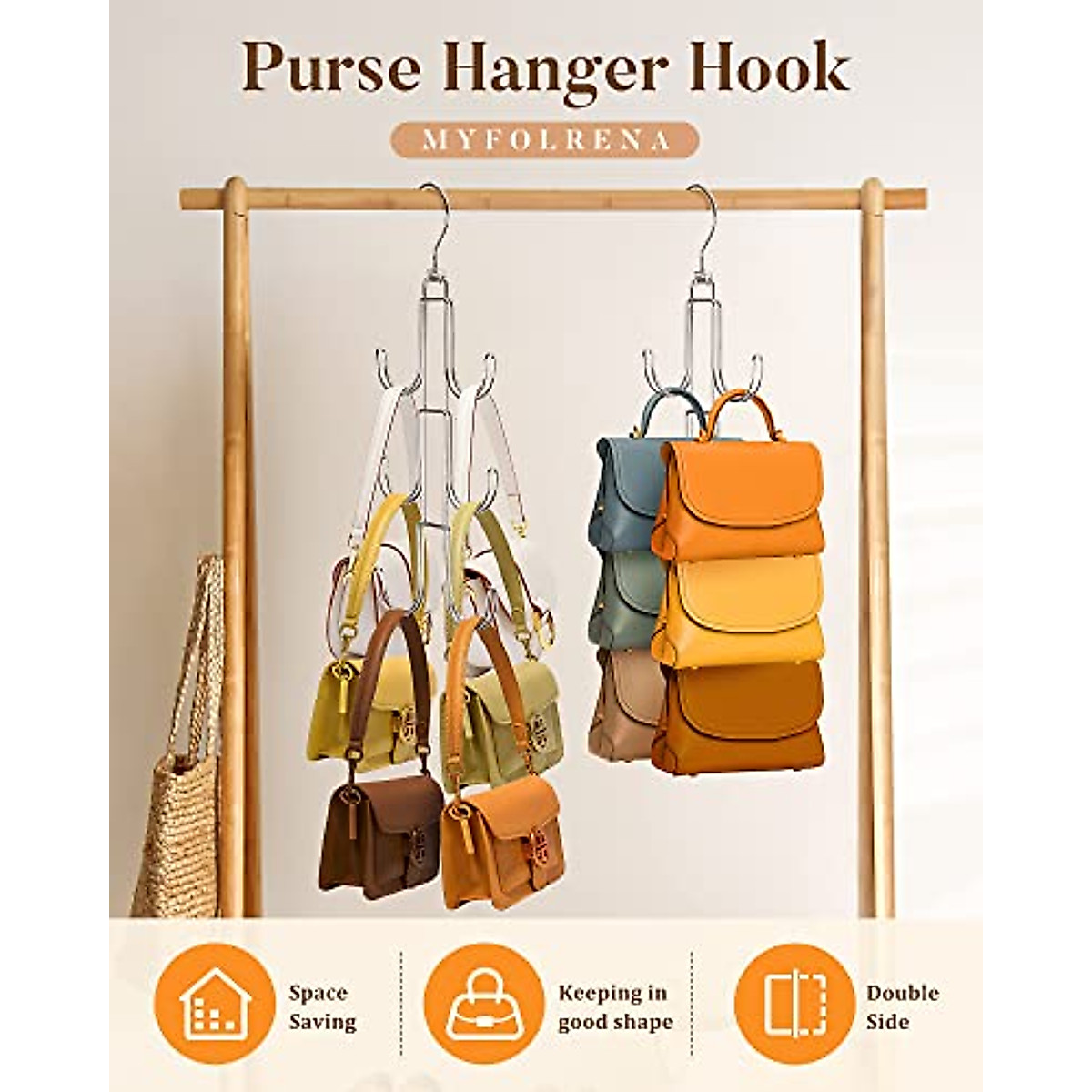 Purses Hanger Organizer for Closet, Myfolrena Metal Purse Holder for Closet Space Saving Bag Storage Hook for Hanging Handbags, Belts,Scarves,Tote,Hats,Clothes,Bags,Ties (Silver)