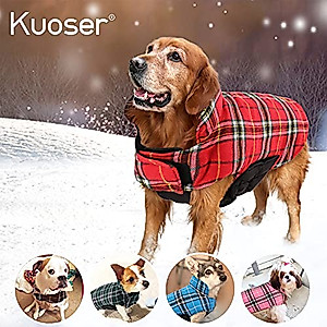 Kuoser Warm Dog Coat, Reversible Dog Jacket Waterproof Dog Winter Coat British Style Plaid Dog Clothes Pet Dog Cold Weather Coats Cozy Snow Jacket Vest for Small Medium Large Dogs Bright Red XS