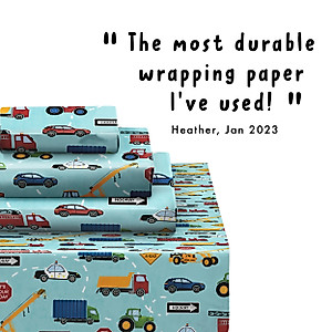 CENTRAL 23 Wrapping Paper for Boys - 6 Sheets of Birthday Gift Wrap - Police Cars Trucks and Tractors - For Kids - Children - Matte - Recyclable