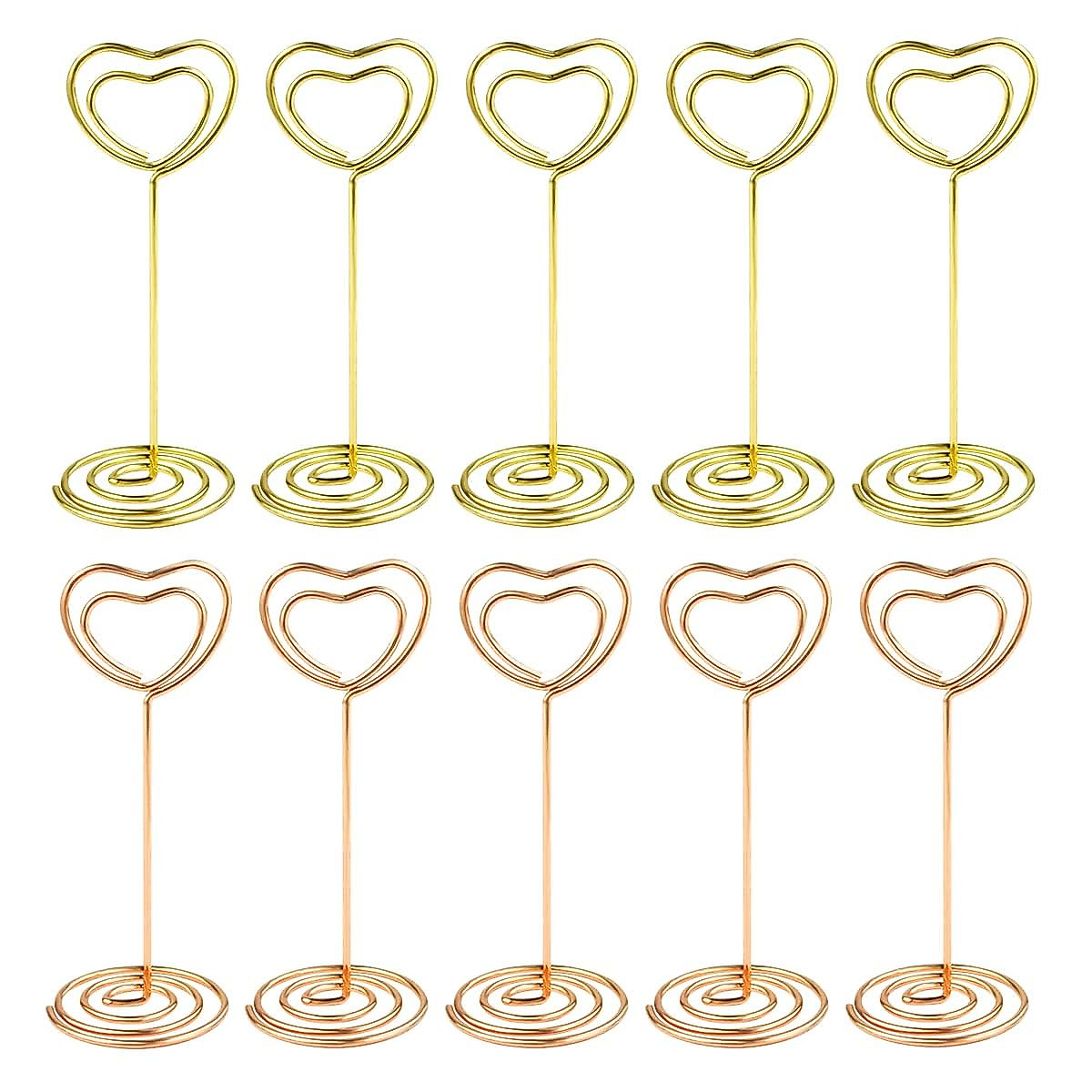 10 Pcs Table Number Holders Heart Shaped Table Number Stand Place Card Holder Mini Wire Table Card Holder Picture Photo Holders Clips for Centerpieces Wedding Party Memo Menu Stands (Gold + Rose Gold)