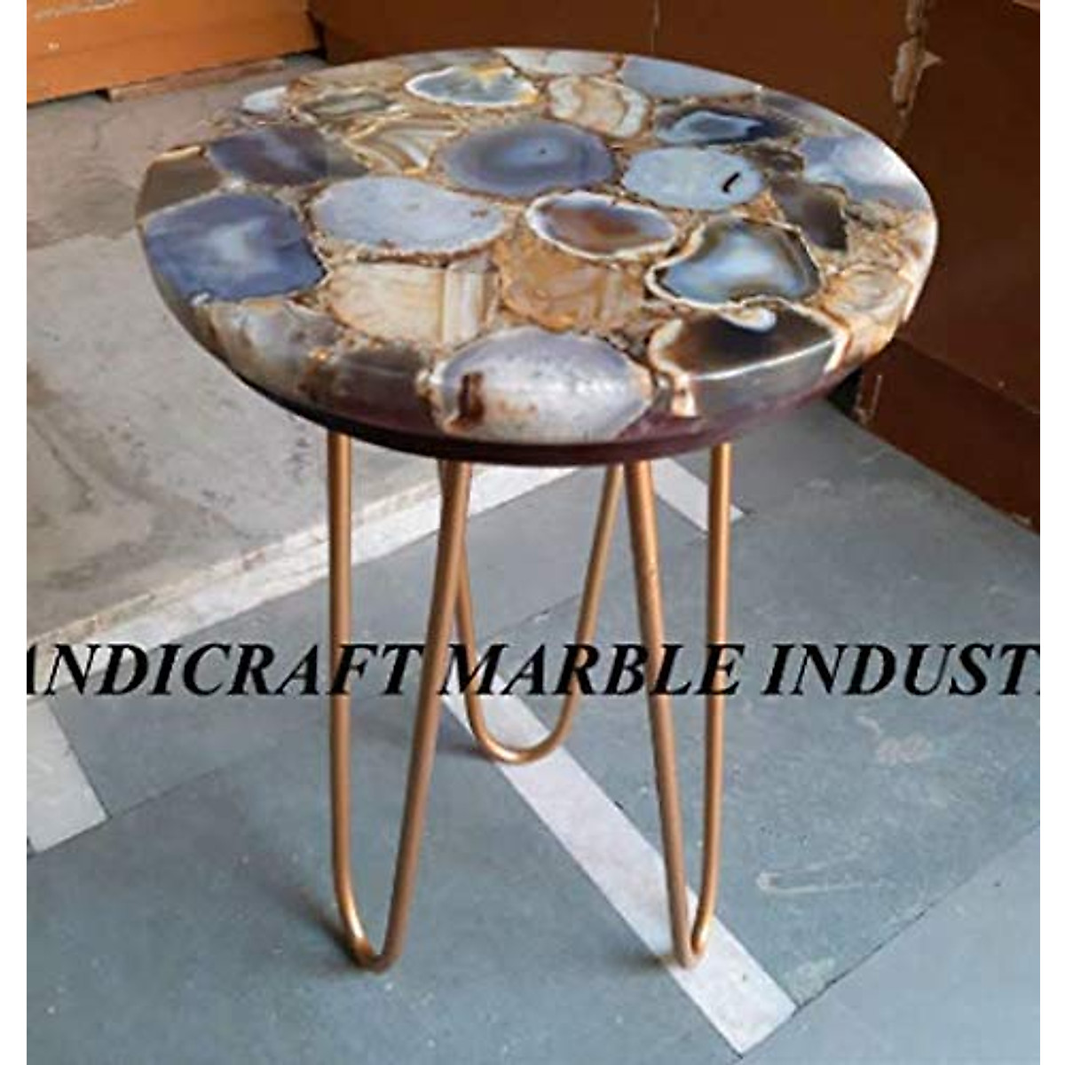 Natural Agate Table, Agate Table With Metal Stand, Round Agate Stone Table, Centerpiece, Agate Side Table 12" Inch