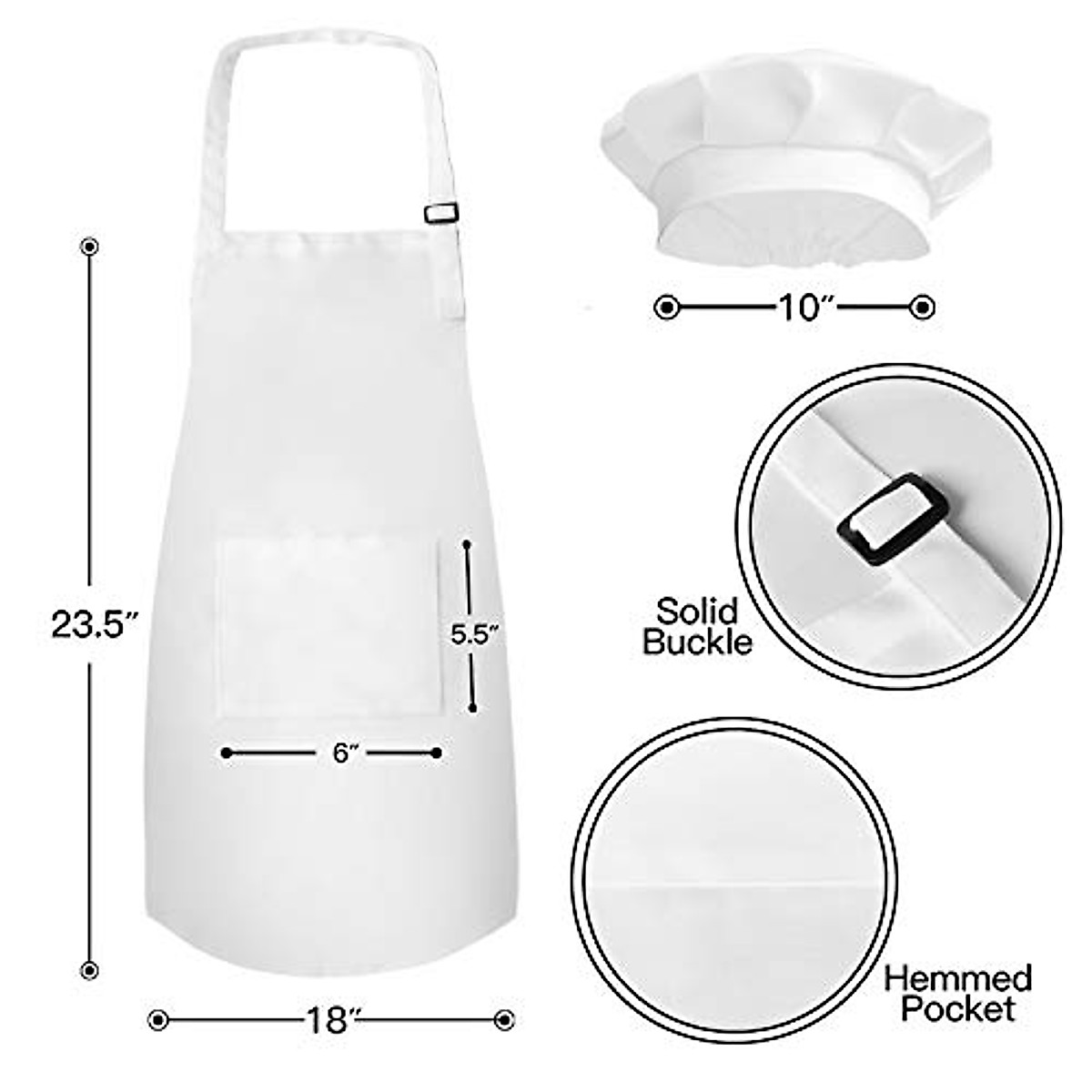 Novelty Place Kid's Apron with Chef Hat Set (3 Set) - Skin-friendly Children’s Bib with Pocket - Cooking, Baking, Painting, Training Wear - Kid's Size (6-12 Year, White)