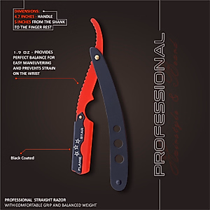 Black Red Barber Staright Edge Salon Hair Cut Razor 100% Stainless Steel with 10 Blades by "FLAME STAR"