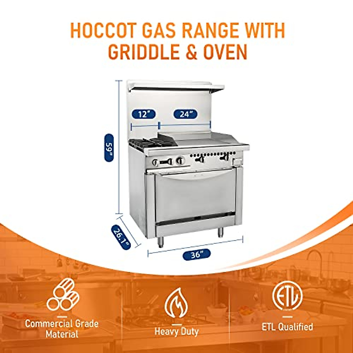 HOCCOT 36” Gas Range Stove with 2 Burners and 24” Griddle Cooktop, Freestanding Commercial Natural Gas Restaurant Range Stainless Steel w/Standard Oven & Cast Iron Grate, 135,000 BTU Total