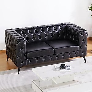 Chesterfield Loveseat, Modern Faux Leather Button Tufted Accent Sofa Couch with Square Arms and Metal Legs for Living Room, Bedroom, Office, Apartment (Black)