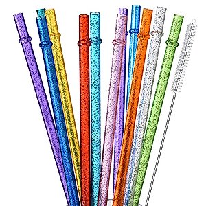 ALINK 12-Pack Glitter Reusable Clear Plastic Straws, 11" Long Hard Tumbler Drinking Straws with Cleaning Brush (10 Colors)