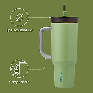 Owala Stainless Steel Triple Layer Insulated Travel Tumbler with Spill Resistant Lid, Straw, and Carry Handle, BPA Free, 40 oz, Green (Brave Adventures)