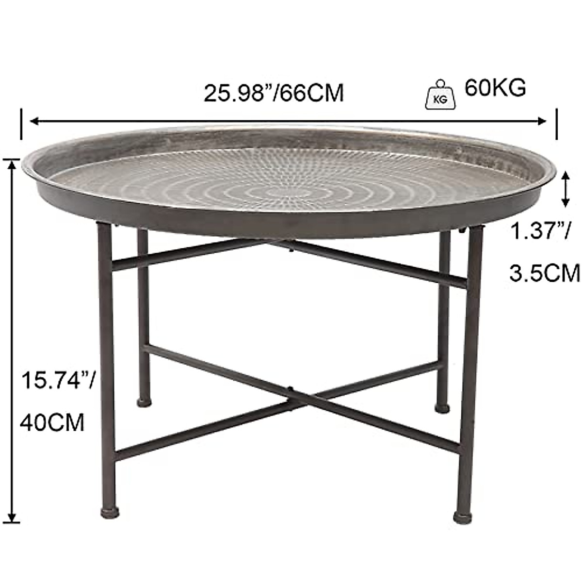 Yusong Coffee Table, Boho-Chic Hammered Metal Tray Coffee Table, Mahdavi Round Coffee Tea Table, Living Room Tables for Storage and Display, Brushed Silver