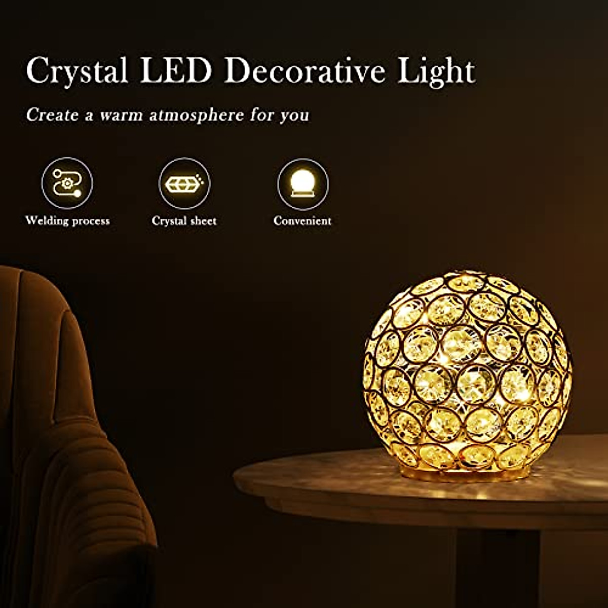 Zipdiz Crystal Ball - Crystal Led Light - Christmas Table Decor - Gold Orbs Decorative Balls - Lighted Christmas Ball - Led Light Christmas Decoration Indoor Use (5" Warm White, Gold)